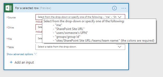 The 3 Excel connectors available in Microsoft Flow
